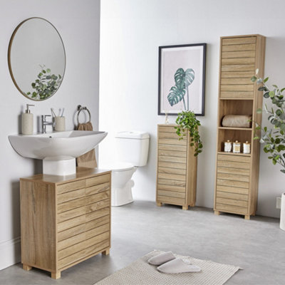 VonHaus Tall Bathroom Cabinet Oak Wood Effect Bathroom Tallboy Unit Slatted Bathroom Storage for Kitchen and