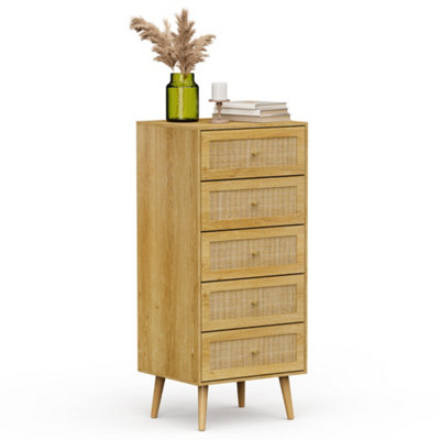 VonHaus Tall Chest of Drawers for Bedroom Scandi Style Natural Rattan 5 Drawer Slim Chest of