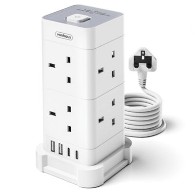 VonHaus Tower Extension Lead, 10 Way Extension Tower, Surge Protection ...