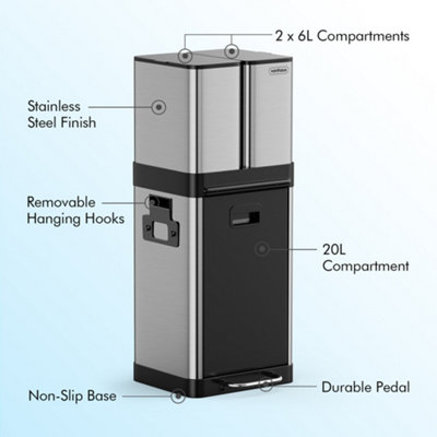 VonHaus Triple Recycling Bin 32L for Kitchen, Stainless Steel Recycling ...