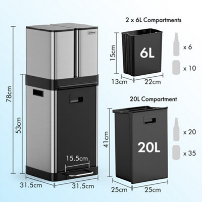 VonHaus Triple Recycling Bin 32L for Kitchen, Stainless Steel Recycling ...