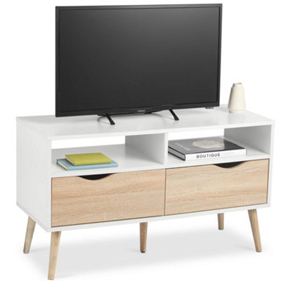 VonHaus White TV Unit, Cabinet w/Oak Effect Drawers For TV's up to 42 ...