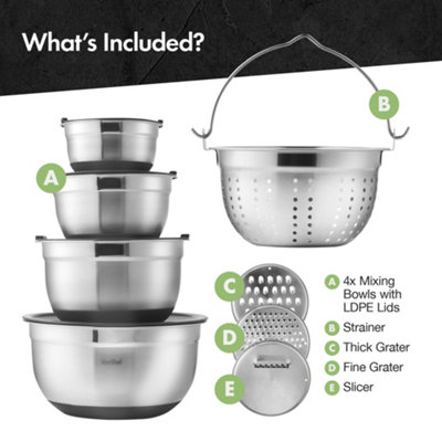VonShef 12Pc Mixing Bowl Set, Stainless Steel Mixing Bowls & Strainer ...