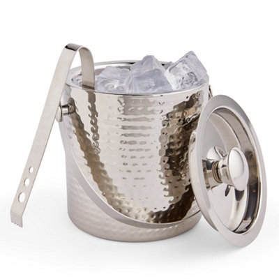 VonShef 2L Ice Bucket w/ Lid & Tongs, Stainless Steel Silver Hammered ...