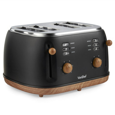 VonShef 4 Slice Toaster - Nordic Black & Wood, 6 Browning Settings ...