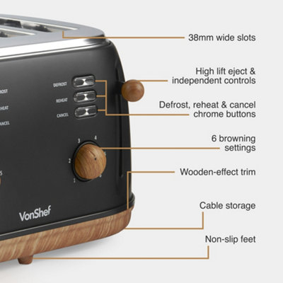 VonShef 4 Slice Toaster - Nordic Black & Wood, 6 Browning Settings ...