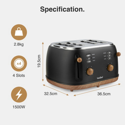 VonShef 4 Slice Toaster - Nordic Black & Wood, 6 Browning Settings ...