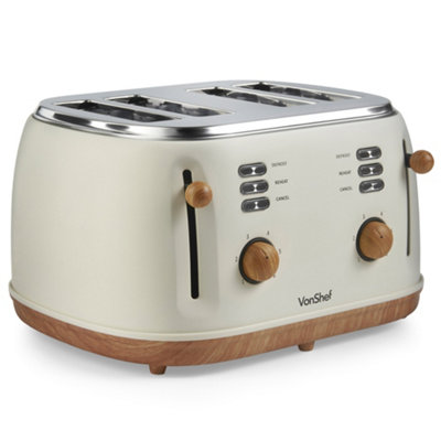 VonShef 4 Slice Toaster - Nordic Cream, 6 Browning Settings, Wide Slots ...