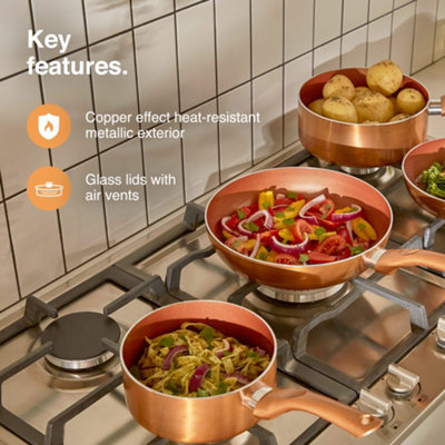 VonShef 5 Piece Copper Pan Set, Induction Safe Stainless Steel Pot & Pan Set with Non Stick ...