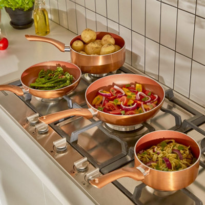 VonShef 5 Piece Copper Pan Set, Induction Safe Stainless Steel Pot & Pan Set with Non Stick ...