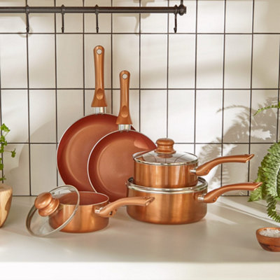 VonShef 5 Piece Copper Pan Set, Induction Safe Stainless Steel Pot & Pan Set with Non Stick ...