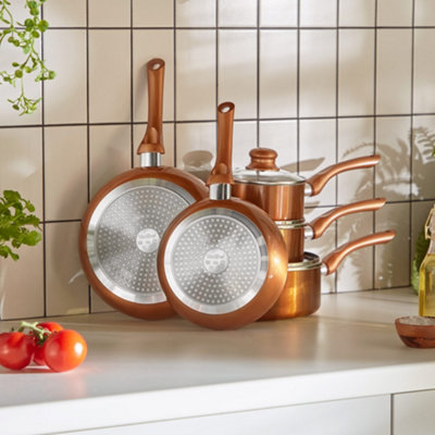 VonShef 5 Piece Copper Pan Set, Induction Safe Stainless Steel Pot & Pan Set with Non Stick ...