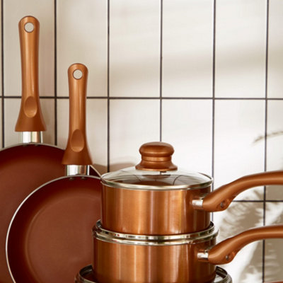 VonShef 5 Piece Copper Pan Set, Induction Safe Stainless Steel Pot & Pan Set with Non Stick ...