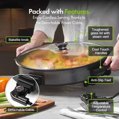 VonShef 5L Square Electric Frying Pan 30cm with Lid & Adjustable ...