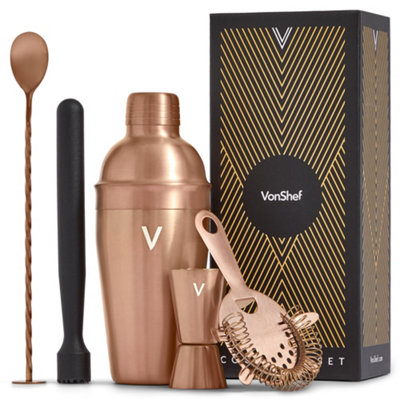 VonShef Cocktail Shaker Set Brushed Copper - 550ml Manhattan Shaker 5pc ...