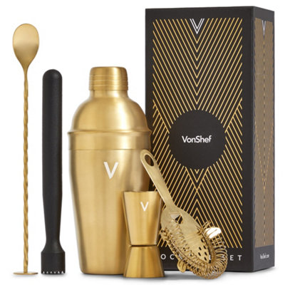 VonShef Cocktail Shaker Set Brushed Gold - 550ml Manhattan Shaker 5pc ...