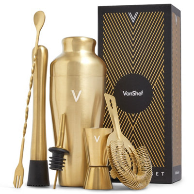 VonShef Cocktail Shaker Set Brushed Gold, 550ml Parisian Shaker, 6pc ...