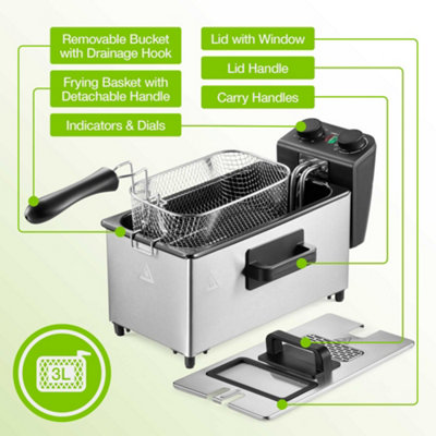 VonShef Deep Fat Fryer 3L Capacity with Adjustable Thermostat, Non ...
