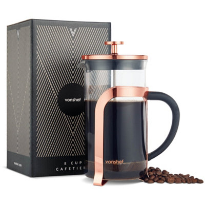 VonShef French Press Cafetiere Copper Stainless Steel Glass, 8 Cup/1 ...