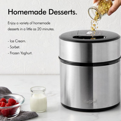 VonShef Ice Cream Maker Machine Frozen Yoghurt Sorbet Maker 1.8L Detachable Mixing Paddle Non Stick
