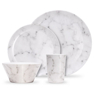 VonShef Melamine Dinnerware Set, 16Pc Marble Dinner Set Inc. 4 Plates ...