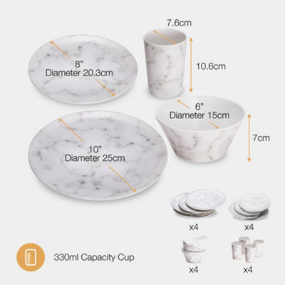 VonShef Melamine Dinnerware Set, 16Pc Marble Dinner Set Inc. 4 Plates ...