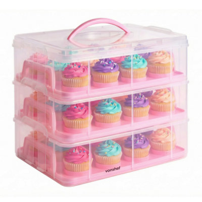 VonShef Pink Cupcake Carrier w/Handle, 36 Muffin Stackable Cake Caddy ...
