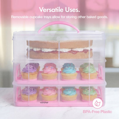 VonShef Pink Cupcake Carrier w/Handle, 36 Muffin Stackable Cake Caddy ...