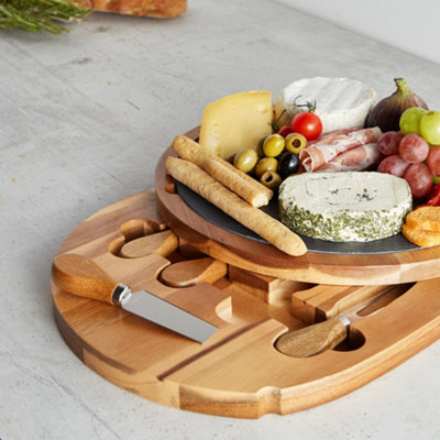 VonShef Round Cheese Board, Acacia Wood & Slide Out Slate with Black ...
