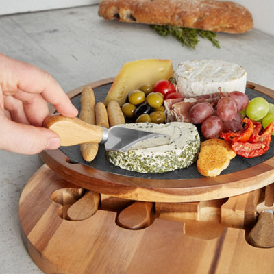 VonShef Round Cheese Board, Acacia Wood & Slide Out Slate with Black ...