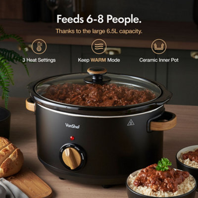VonShef Slow Cooker 6.5L, Removable Oven to Table Dish, Lid & 3 Heat ...