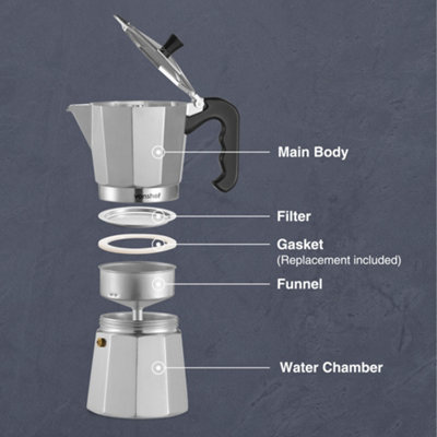VonShef Stovetop Coffee Maker, 6 Cup/300ml Aluminium Moka Pot w/ Gasket ...