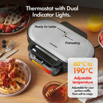 VonShef Waffle Maker, Waffle Iron w/ Non-Stick Plates, 1200W, Double ...