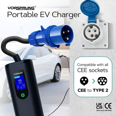 Vorsprung Commando CEE Plug to Type 2 32amp 7.4kW Portable EV Charger ...
