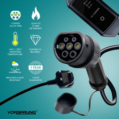 Vorsprung Type 2 to 3 Pin UK Plug Portable EV Charger - 10 Metres ...