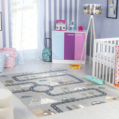VROOMVILLE Kids Machine Washable Blue/Grey Bedroom Area Rug 120 x 170 ...