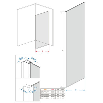 VRUC 800x1900mm Shower Side Panel Chrome