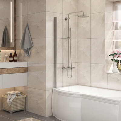 VRUC Curved P Shaped Shower Bath Screen with Towel Rail 1400x715mm Chrome