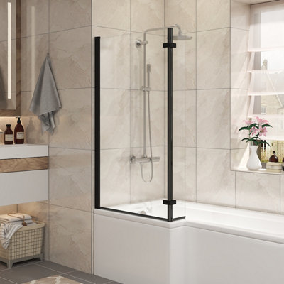 VRUC L Shaped Shower Bath Screen Hinged Return Black
