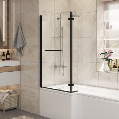 VRUC L Shaped Shower Bath Screen Hinged Return with Towel Rail Black