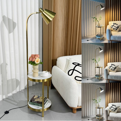 Vrygle 155cm Gold Arc Floor Lamp with Table and Sintered Stone Shelves ...