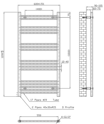 VURTU5 Designer Vertical Ladder Style Radiator, 1200(H) x 600(W ...