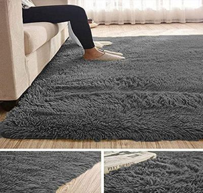 Wadan 120x170cm Dark Grey Fluffy Shaggy Rug, Comfort Soft Fluffy Shaggy ...