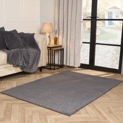 Waffle Fleece Rug Supersoft Living Room Bedroom Carpet, Charcoal - 160 ...