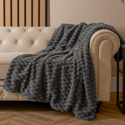 Waffle Throw Over Bed Blanket Faux Fur Soft Warm Fleece, Charcoal - 125 ...