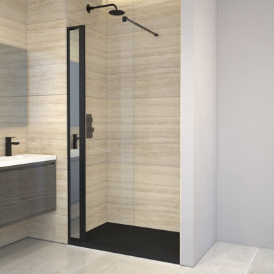 WALK IN SHOWER ENCLOSURE + BUILT IN STORAGE UNIT, BLACK FINISH + GLASS ...