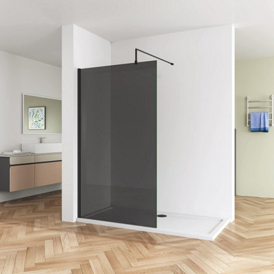 Walk In Shower Glass Panel Black Frame Grey Glass 2000x700mm With White ...