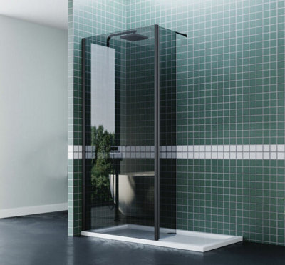 Walk In Shower Glass Panel Black Frame Grey Glass 600 + 300 L Shape ...