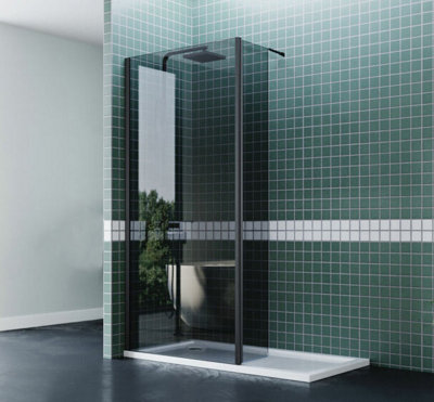 Walk In Shower Glass Panel Black Frame Grey Glass 800 + 300 mm L Shape ...