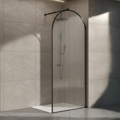 Walk In Shower Wet Room Screen 8mm Arched Fluted Glass Panel Black ...